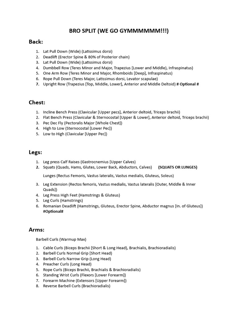Bro Split | PDF | Human Anatomy | Musculoskeletal System