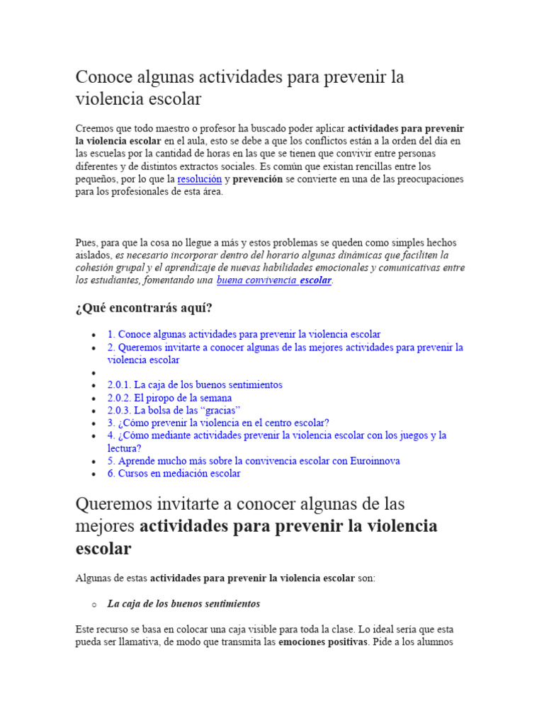 Conoce Algunas Actividades para Prevenir La Violencia Escolar ...