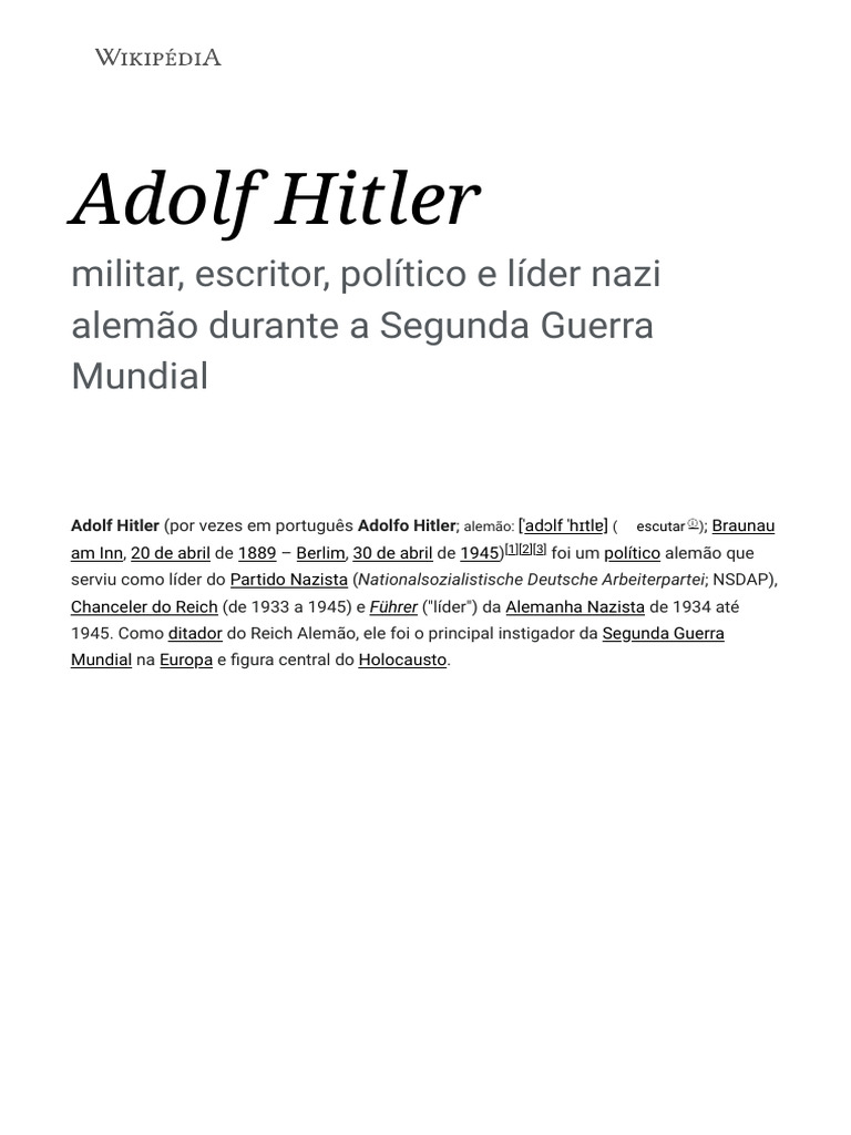 Adolf Hitler - Wikipédia, A Enciclopédia Livre | PDF | Adolf Hitler ...