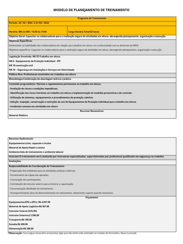 Anexo 02 - Modelo de Planejamento de Treinamento | PDF | Desenvolvimento profissional