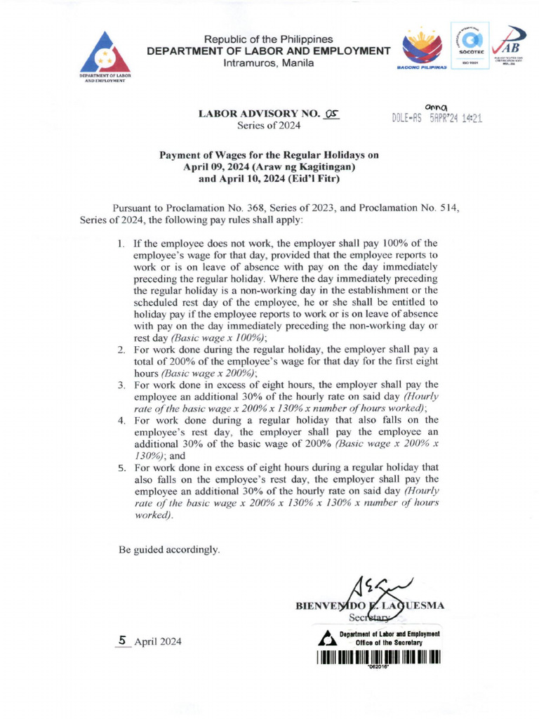 Labor Advisory No. 05 24 Payment of Wages For The Regular Holidays On ...