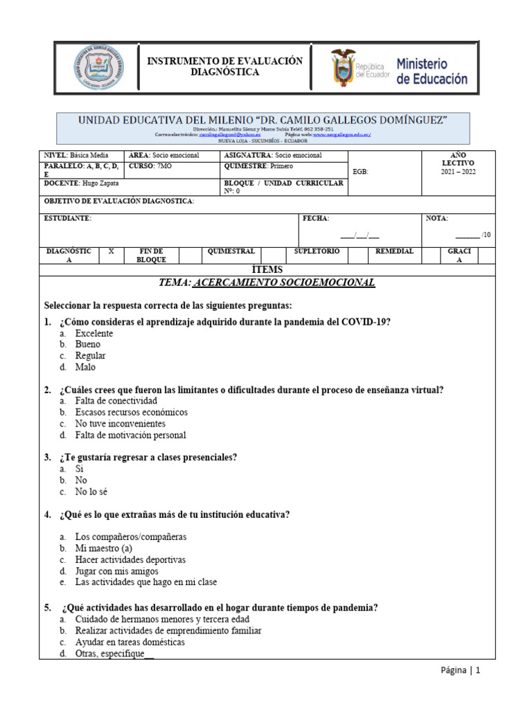 Instrumento de Eval Diag Socioemocional | PDF | Evaluación | Aprendizaje