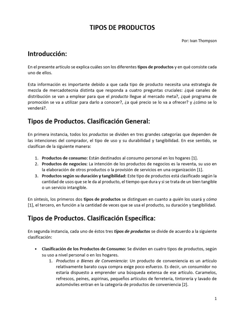TIPOS DE PRODUCTOS (Doc. Complementario) - 010101 | PDF | Producto (Negocio) | Materia prima