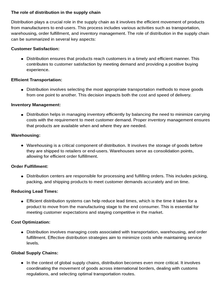Role of Distribution in Supply Chain | PDF | Supply Chain | Warehouse