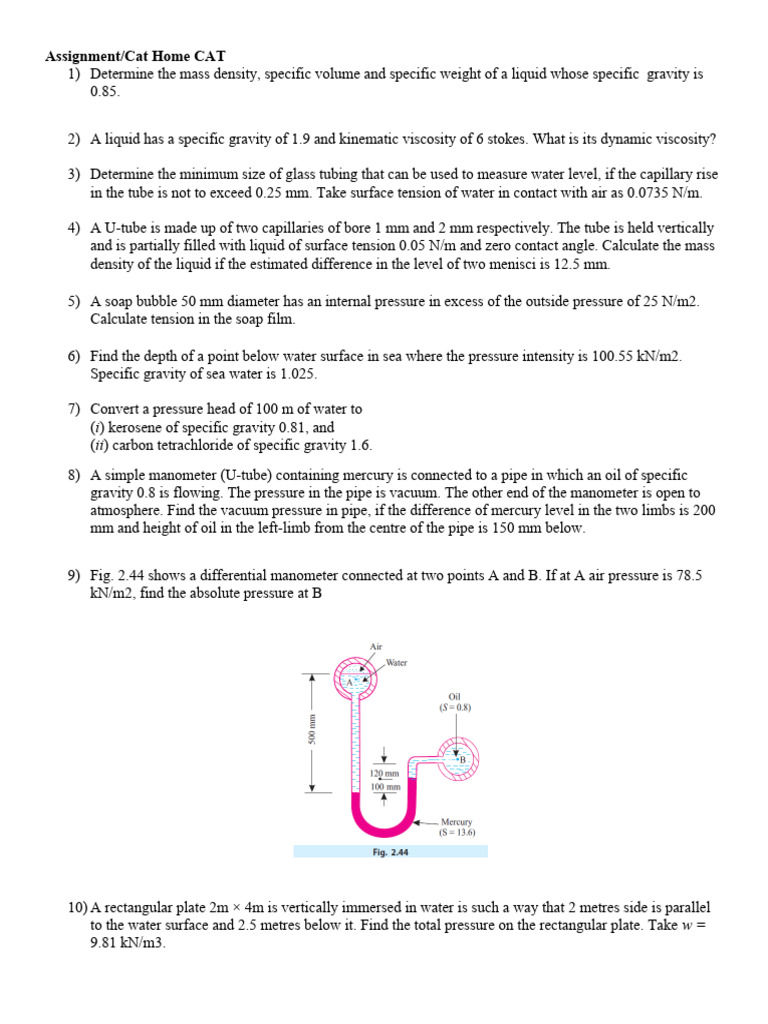 Assignment EME 4350 FLUID I | PDF | Pressure | Pressure Measurement