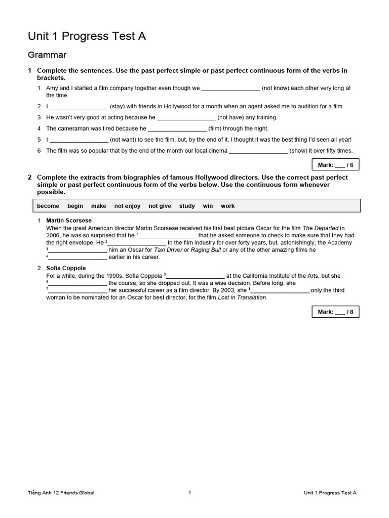 Tiếng Anh 12 Friends Global - Unit 1 - Progress - Test - A | PDF ...