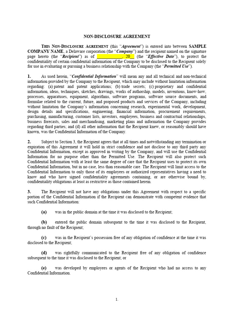 Non-Disclosure Agreement Template | PDF | Confidentiality | Non ...