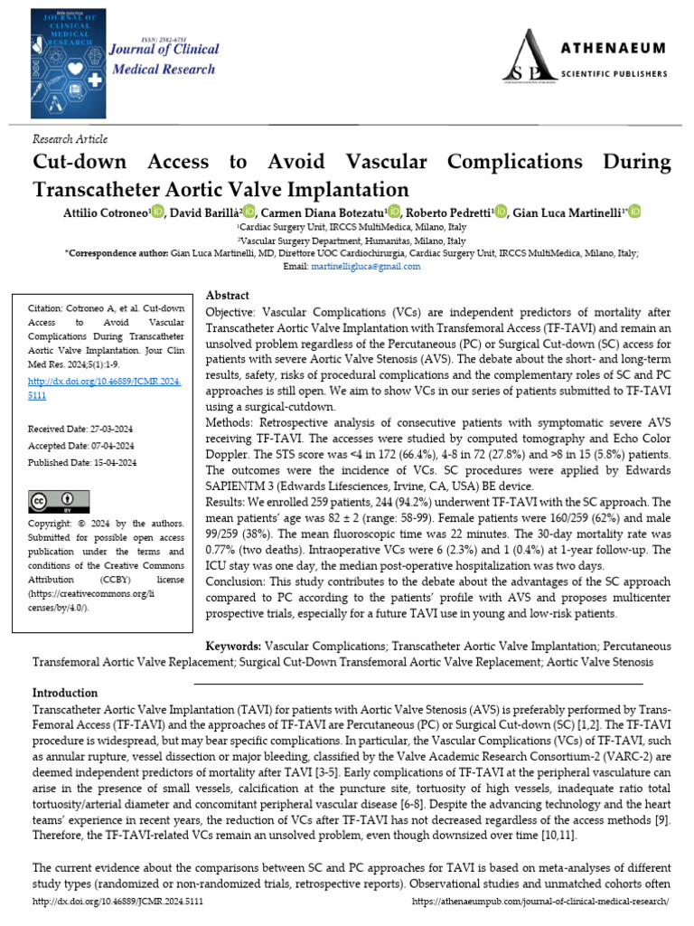 Cut Down Access To Avoid Vascular Complications During Transcatheter Aortic Valve Implantation ...