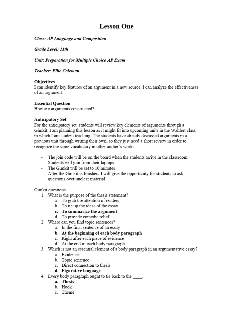 Ap Language and Composition - Argument Construction Lesson Pairing ...