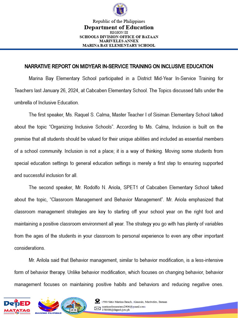 Narrative Report Inset Day 3 | PDF | Inclusion (Education) | Special ...