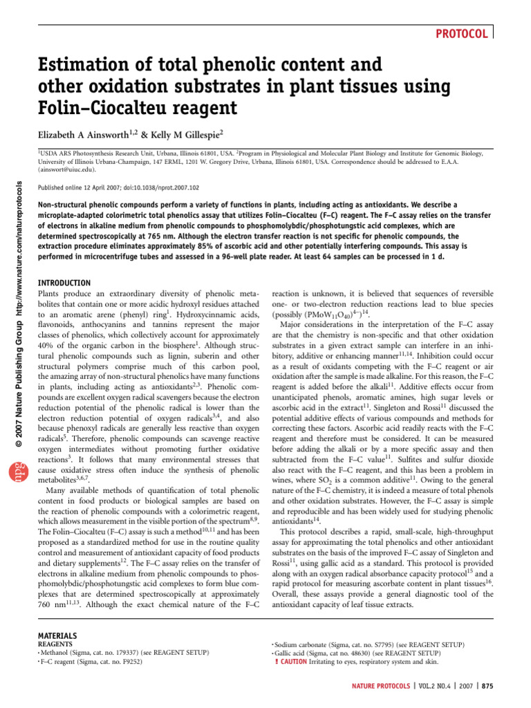 Total Phenolic Content Assay Protocol | PDF | Polyphenol | Antioxidant