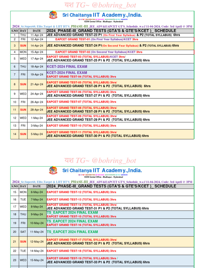 2024 All Batches Gta, Kcet, Apcet Schedule | PDF | Higher Education ...