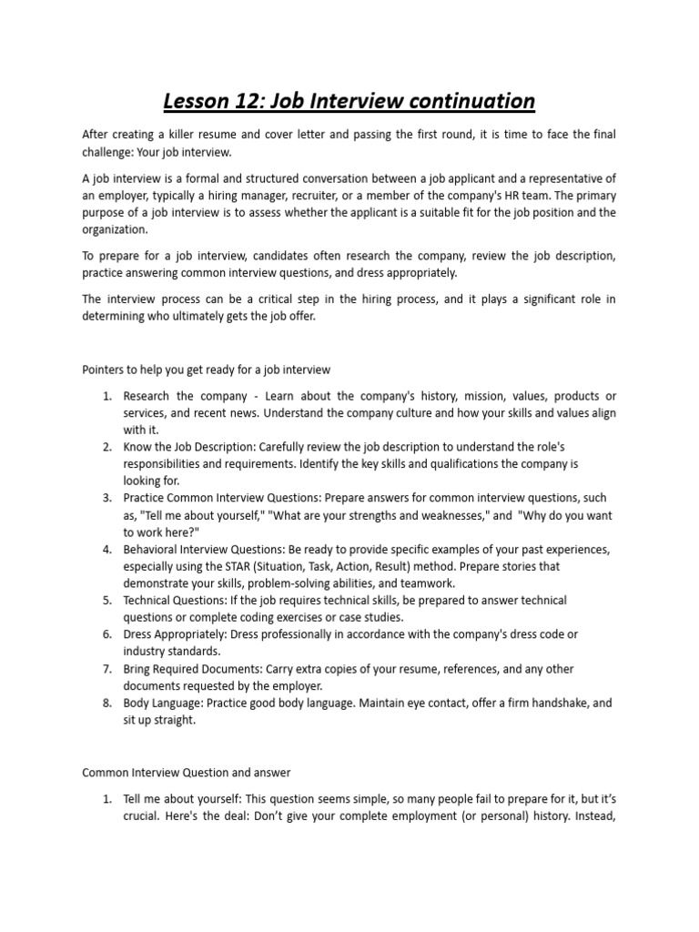 Lesson 12: Job Interview Continuation | PDF | Job Interview | Psychology