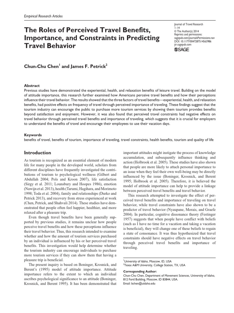 2014 - The Roles of Perceived Travel Benefits, Importance and ...