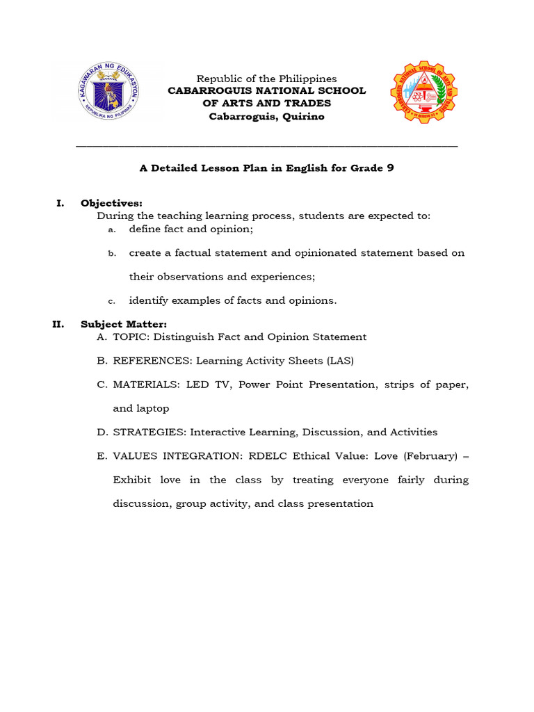 Grade 9 Fact and Opinion Lesson Plan | PDF | Learning | Lesson Plan