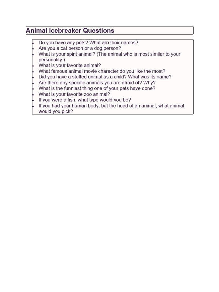 Animal-Themed Icebreaker Questions | PDF | Self-Improvement