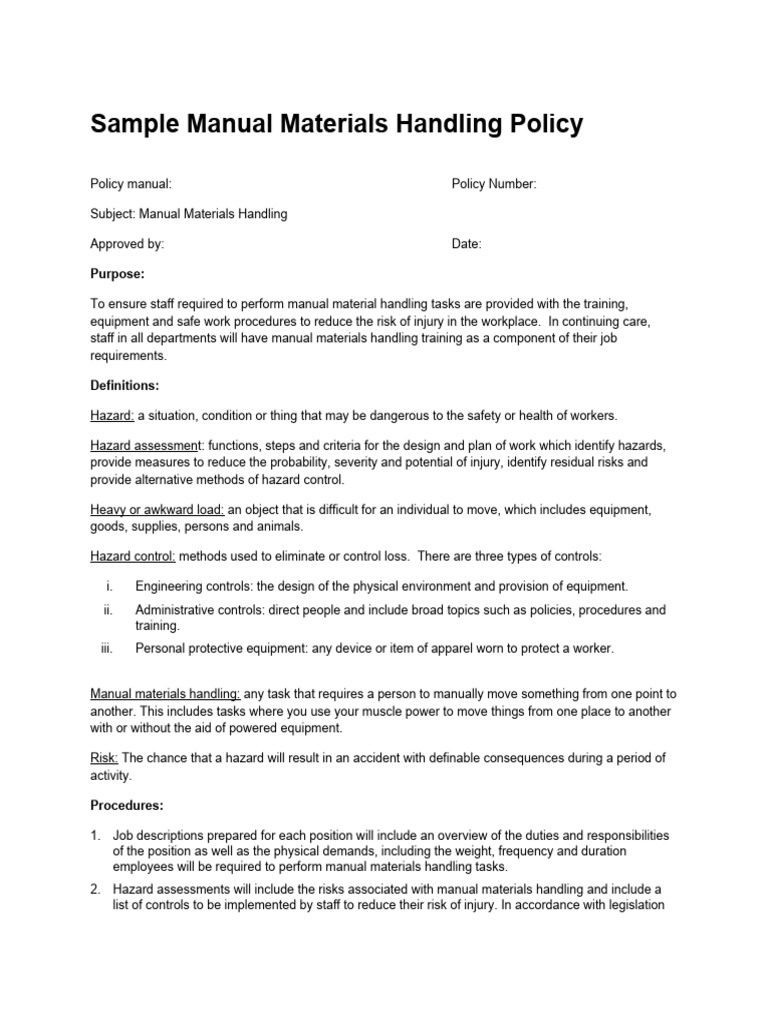 Sample Manual Materials Handling Policy | PDF | Hazards | Occupational ...