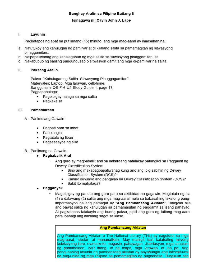 FINAL_LESSON_PLAN_FILIPINO_6 | PDF