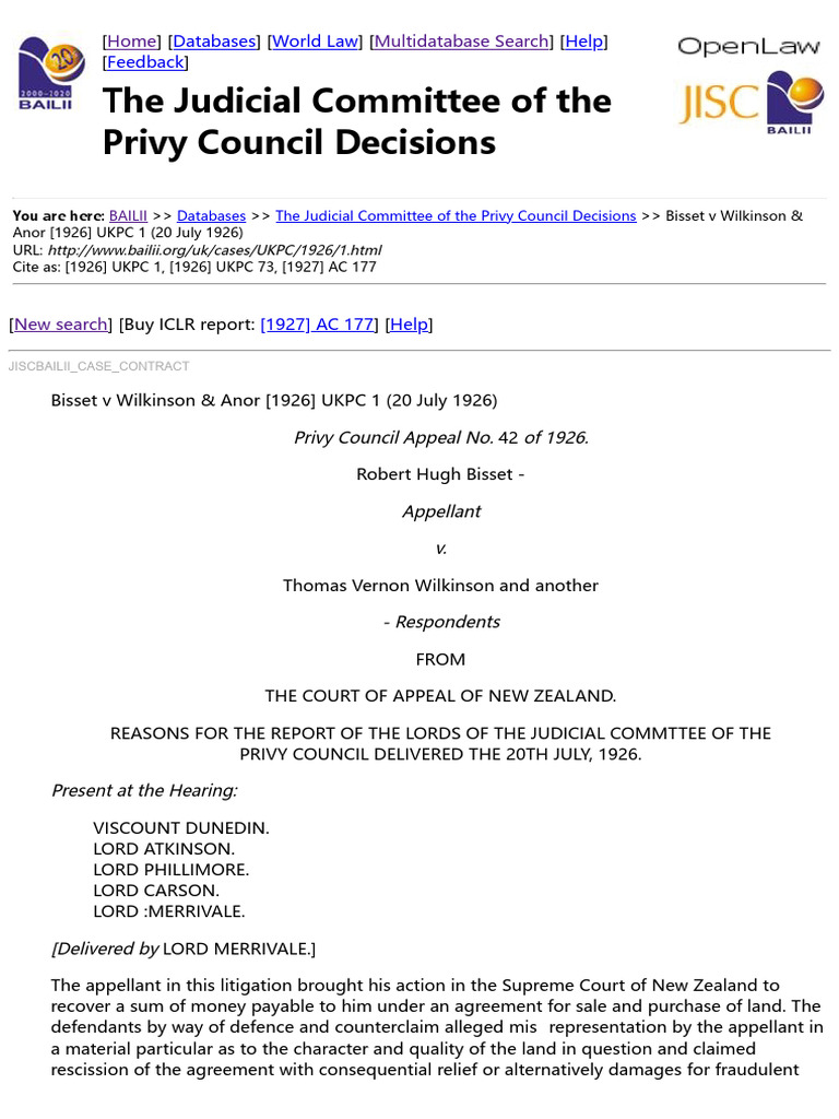 Bisset v Wilkinson: Misrepresentation Case | PDF | Misrepresentation | Justice