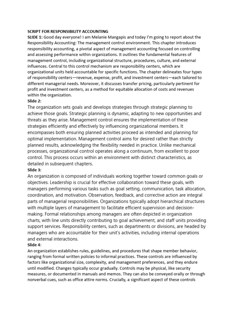 Script For Responsibility Accounting | PDF | Expense | Return On Investment
