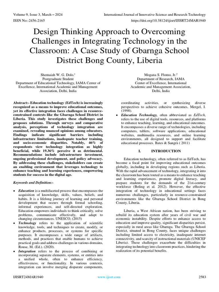 Design Thinking Approach To Overcoming Challenges in Integrating Technology in The Classroom: A ...