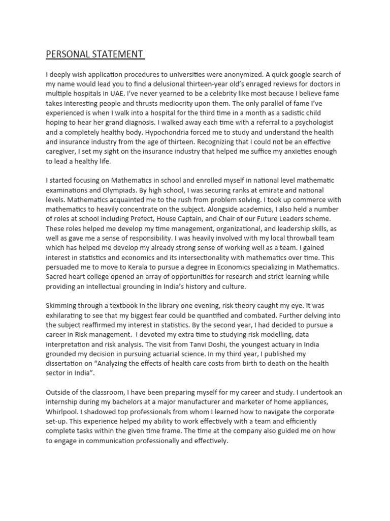 Personal Statement Leicester | PDF | Risk | Actuarial Science