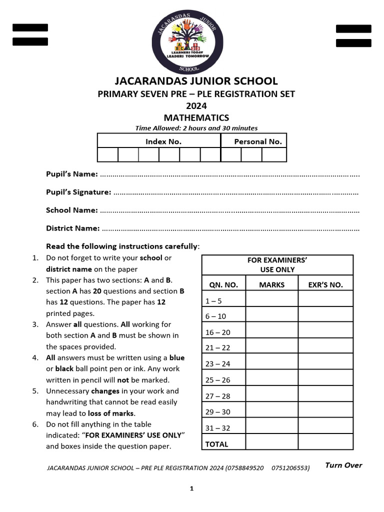 P.7 MTC Pre Ple Reg 2024 | PDF | Mathematics | Elementary Mathematics