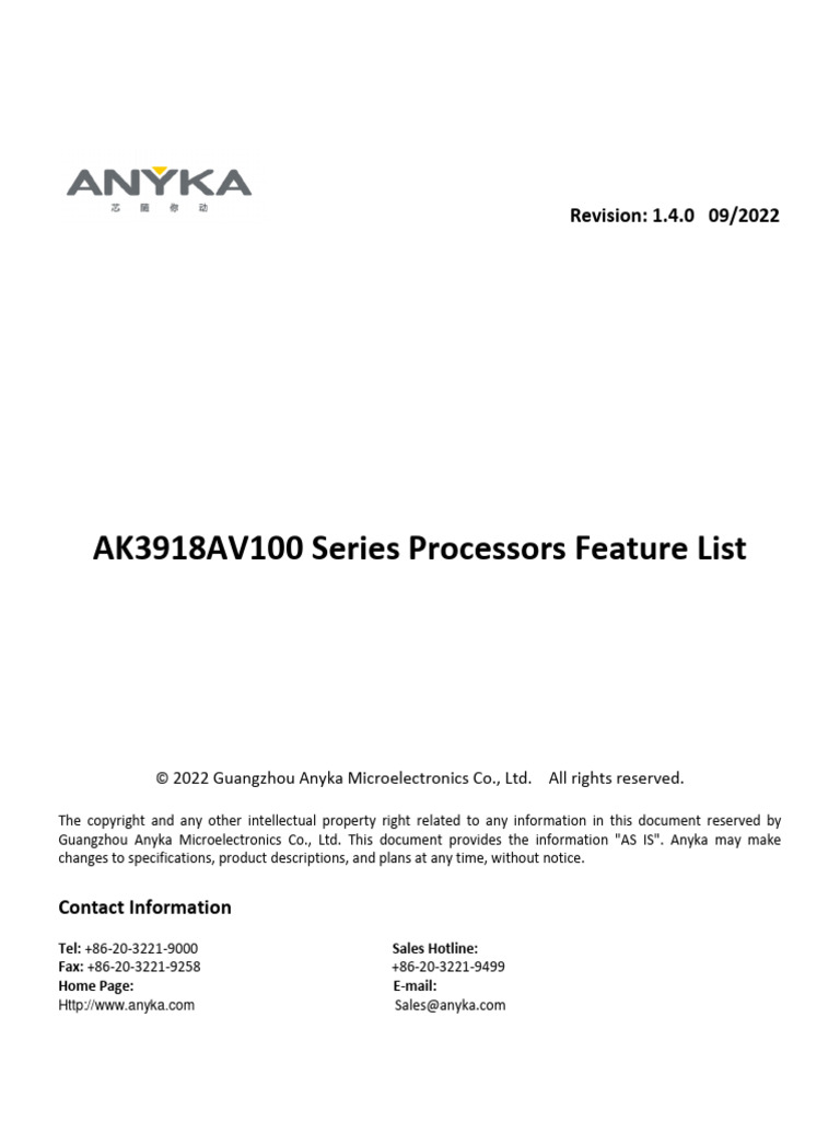 AK3918AV100 Series Processors Feature List: Revision: 1.4.0 09/2022 | PDF | Booting | Analog To ...