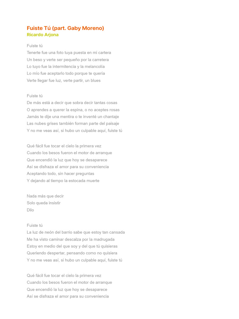FUISTE TÚ (PART. GABY MORENO) - Ricardo Arjona | PDF