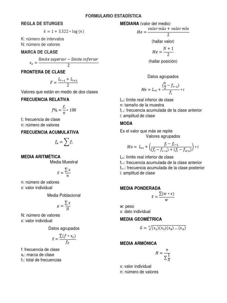 Formulario Estadística | PDF | Media | Desviación Estándar