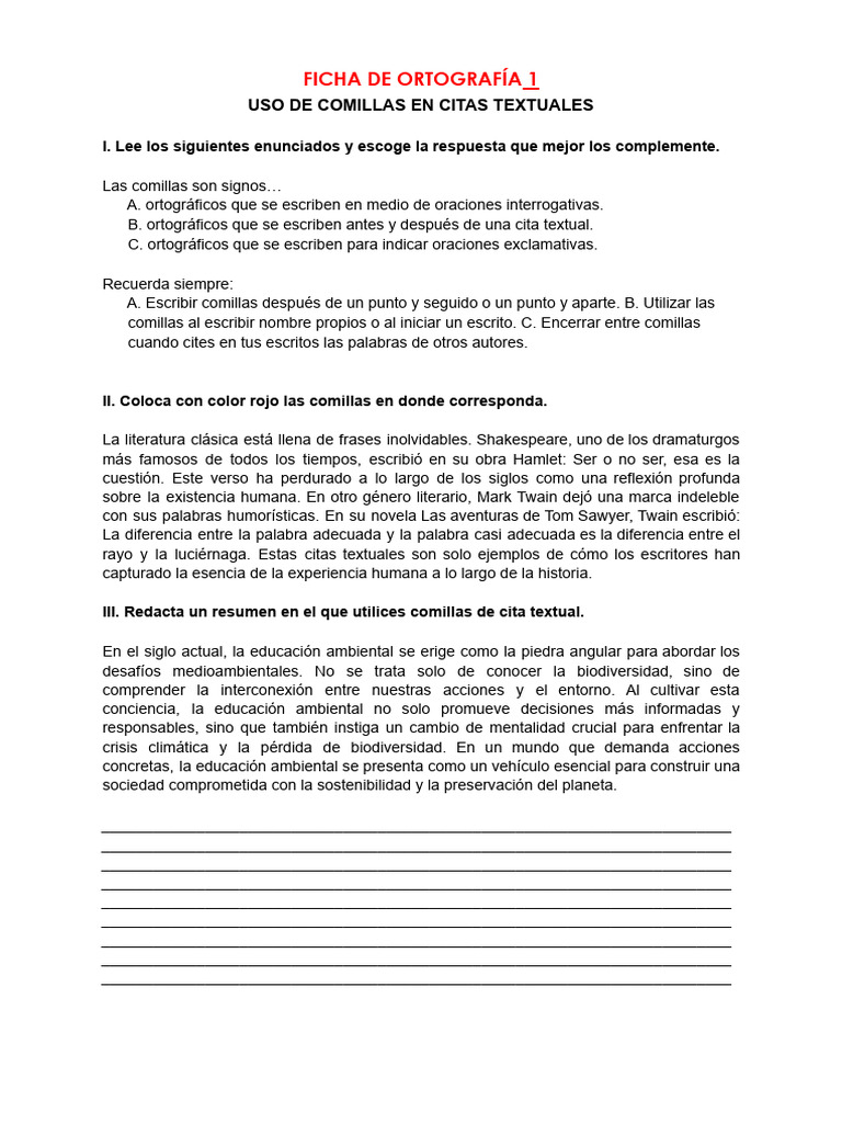 Ficha 1 - Uso de Comillas en Citas Textuales | Descargar gratis PDF ...
