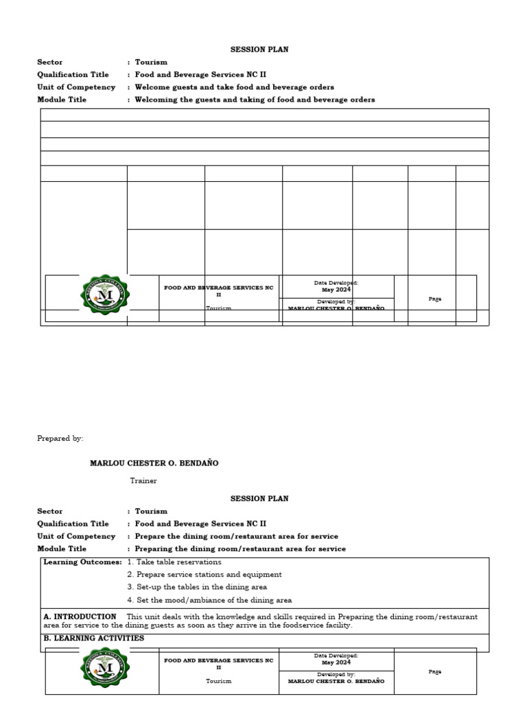 Session Plan Template TMC Footer | PDF | Restaurants | Foodservice