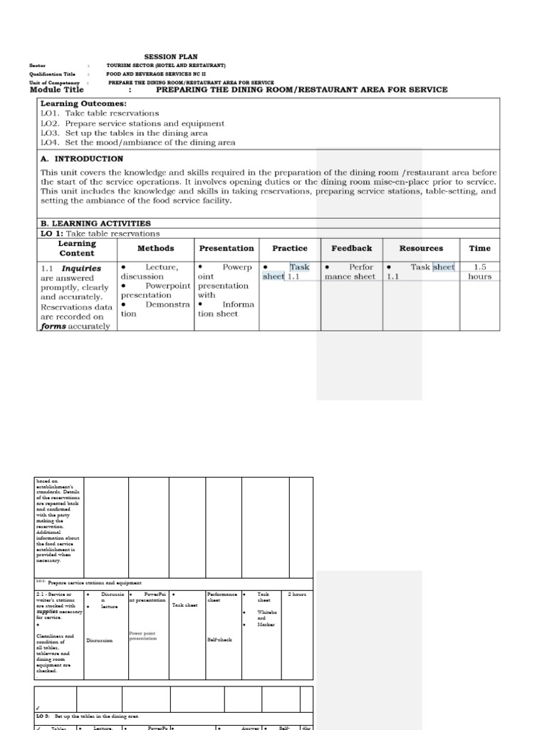 Basic Session Plan Food and Beverage | Download Free PDF | Restaurants ...