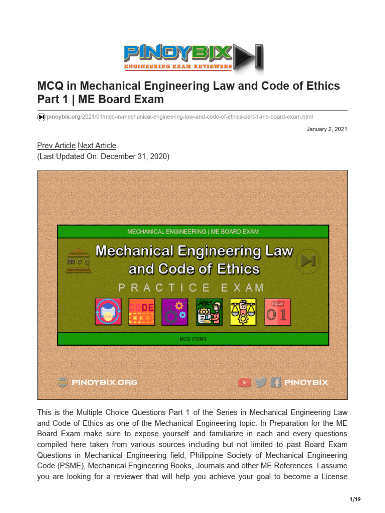 MCQ in Mechanical Engineering Law and Code of Ethics Part 1 ME Board Exam | PDF | Boiler | Water ...
