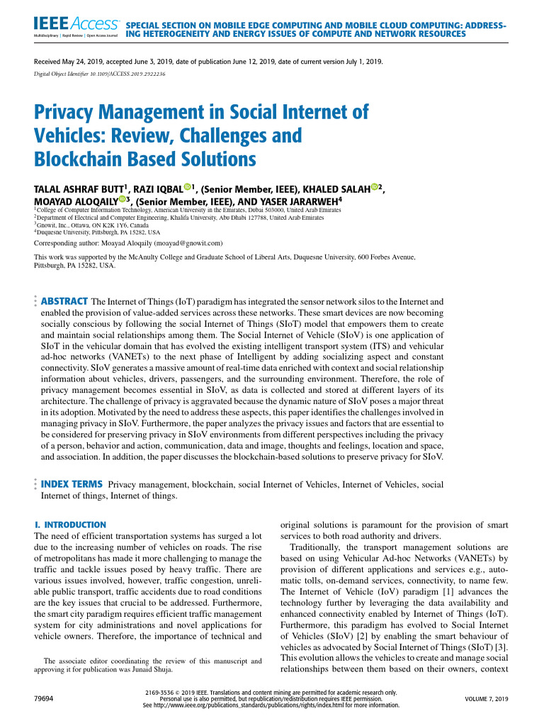 Privacy Management in Social Internet of Vehicles: Review, Challenges and Blockchain Based ...