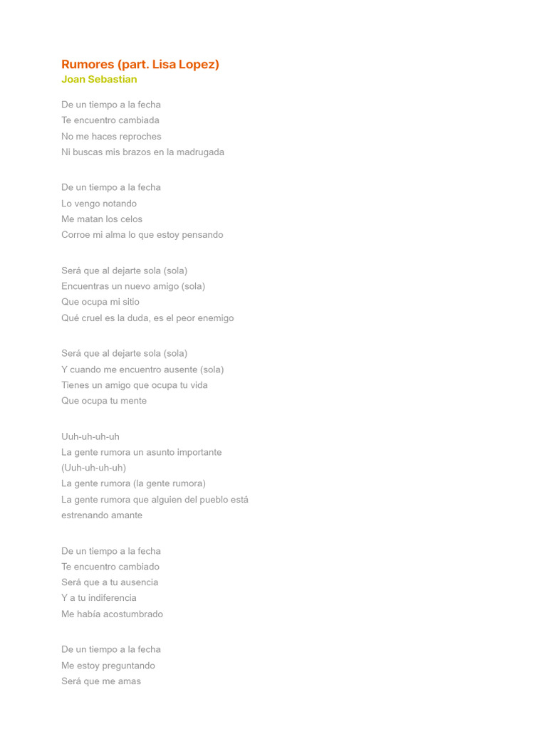 RUMORES (PART. LISA LOPEZ) - Joan Sebastian | PDF