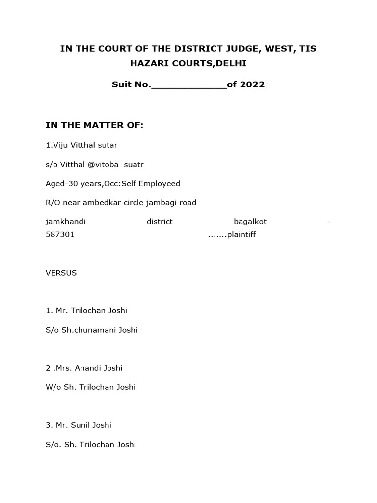 Plaint Format in Civil Suit | PDF | Lawsuit | Complaint