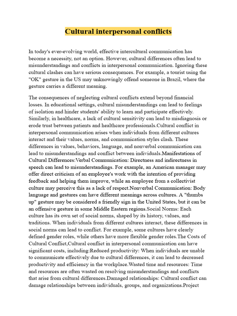 Cultural Interpersonal Conflicts | PDF | Communication | Nonverbal ...