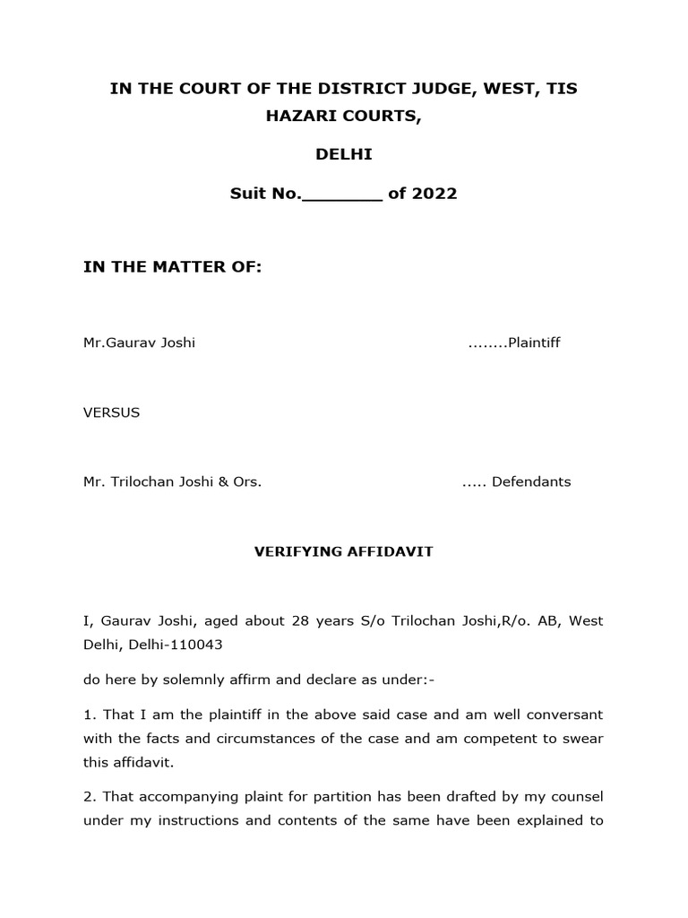 VERIFYING AFFIDAVIT format in civil suit | PDF