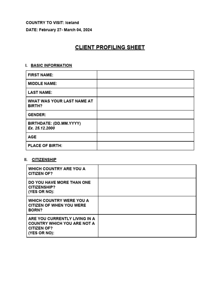 Blooming Client Profiling Sheet 3 | PDF | Travel Visa | Passport