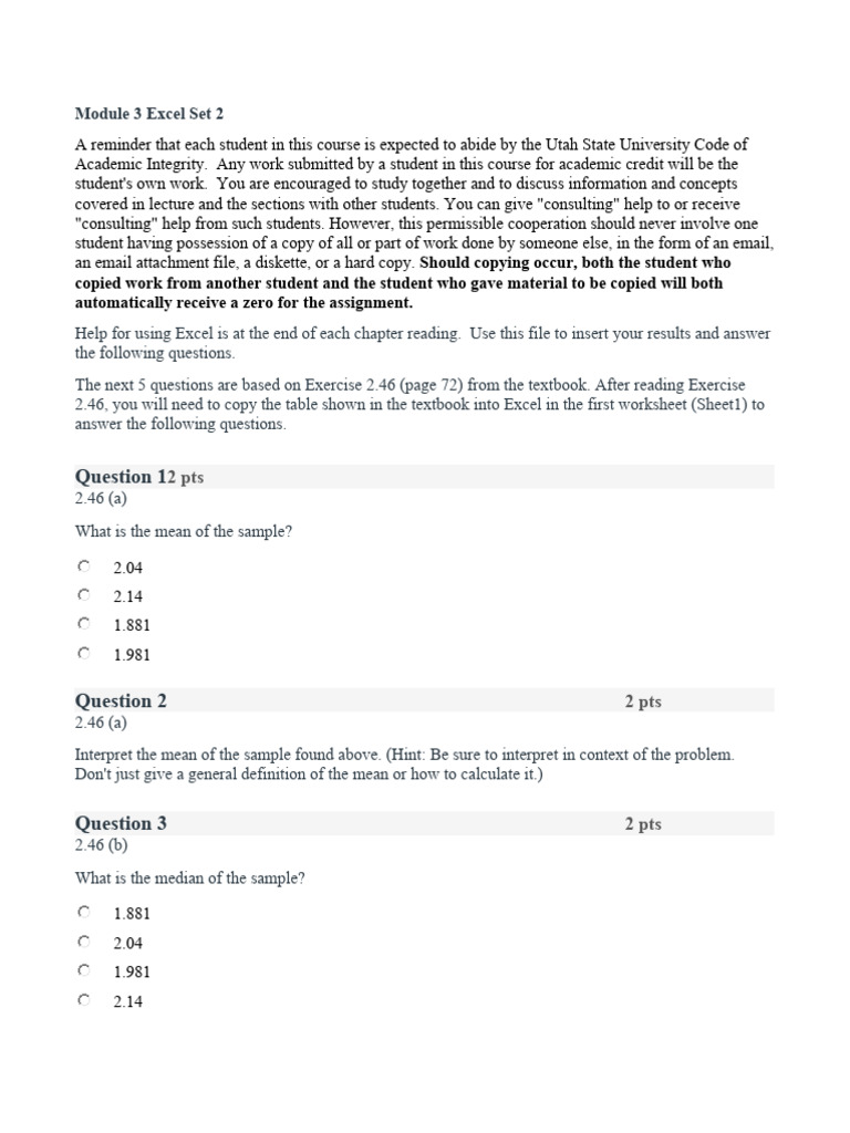 Module 3 Excel Set 2 | PDF | Median | Microsoft Excel