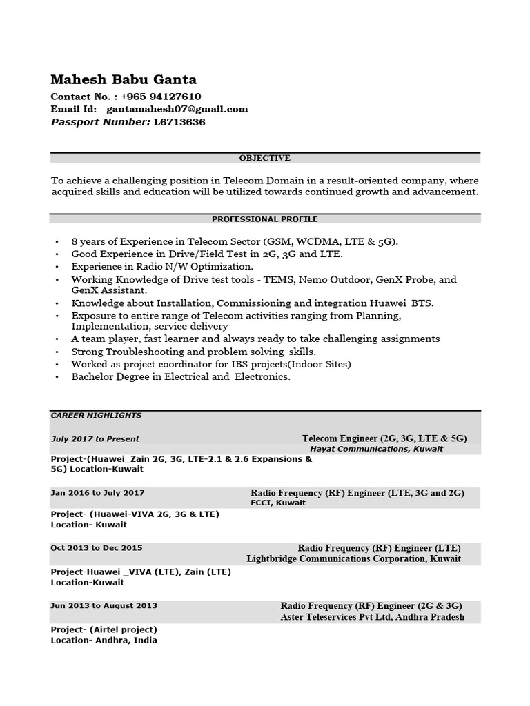 Telecom Engineer Resume: RF Expertise | PDF | Lte (Telecommunication) | 3 G