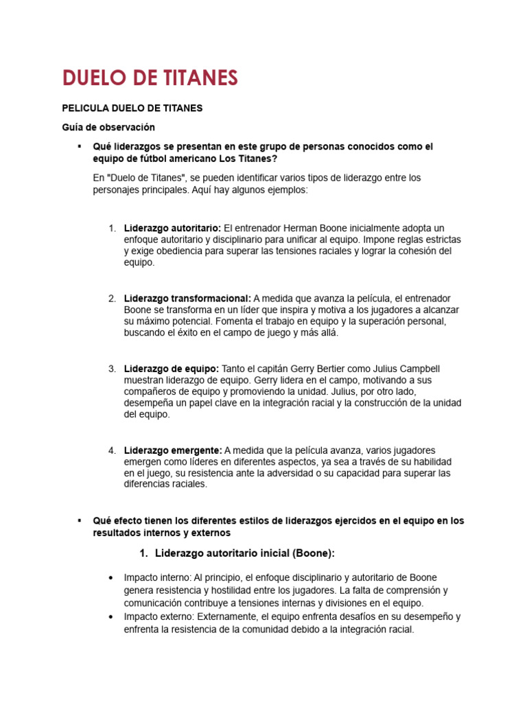 Duelo de Titanes: 1. Liderazgo Autoritario Inicial (Boone) | PDF | Liderazgo | Discriminación