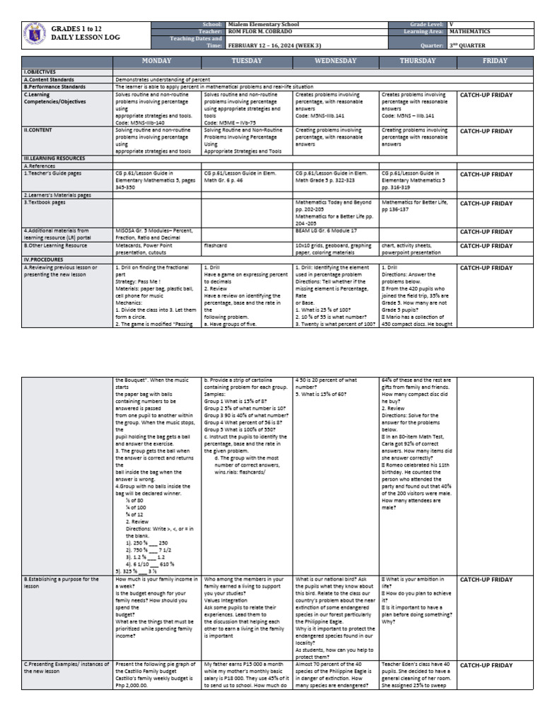 Mathematics 5 q3 w3 | PDF | Percentage | Teachers