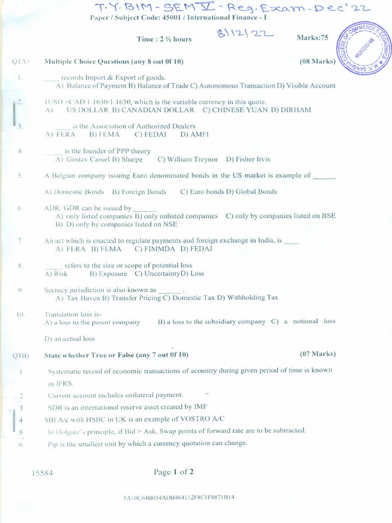 T.Y.BIM Sem V REG Exam Dec 2022 International Finance | PDF
