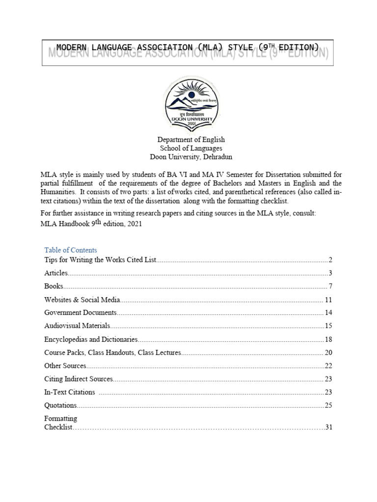 MLA 9th Edition Doon University | PDF | Citation | Digital Object ...