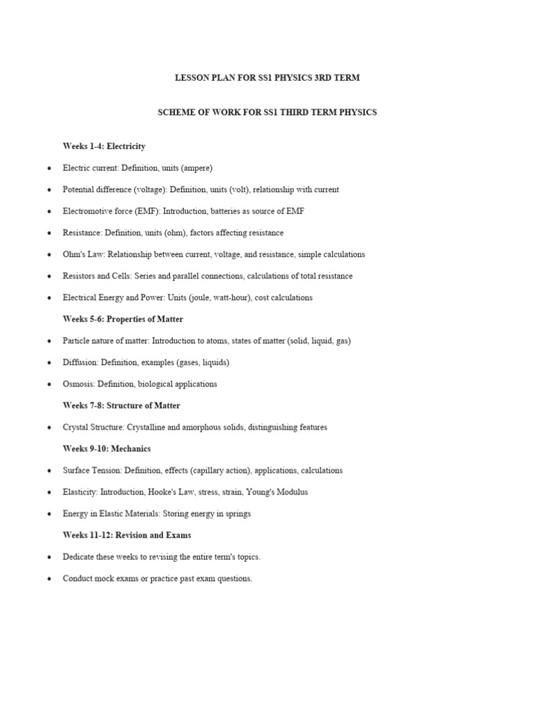 Lesson Plan For SS1 Physics 3RD Term | PDF | Electrical Resistance And ...
