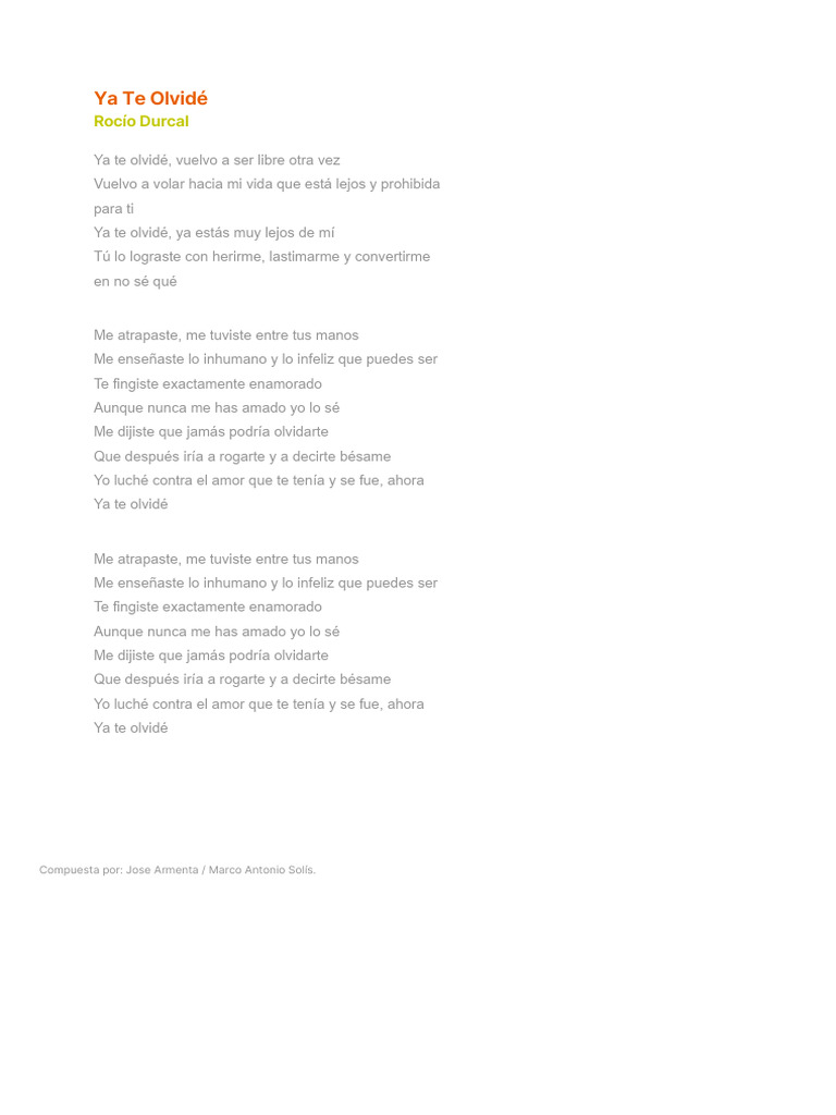 Letra de "Ya te olvidé" - Rocío Durcal | PDF