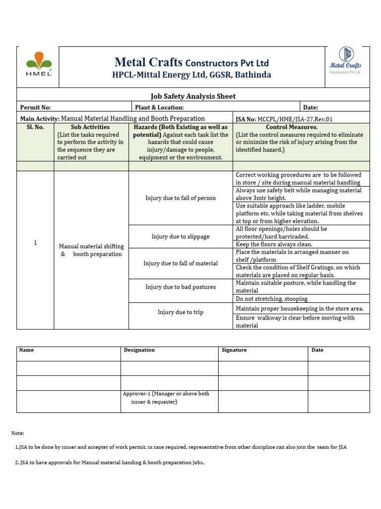 Manual Handling & Booth Prep Safety JSA | PDF | Safety | Occupational ...