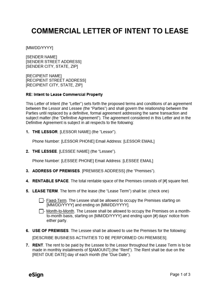 Commercial Lease Intent Letter Template | PDF | Lease | Law Of Obligations